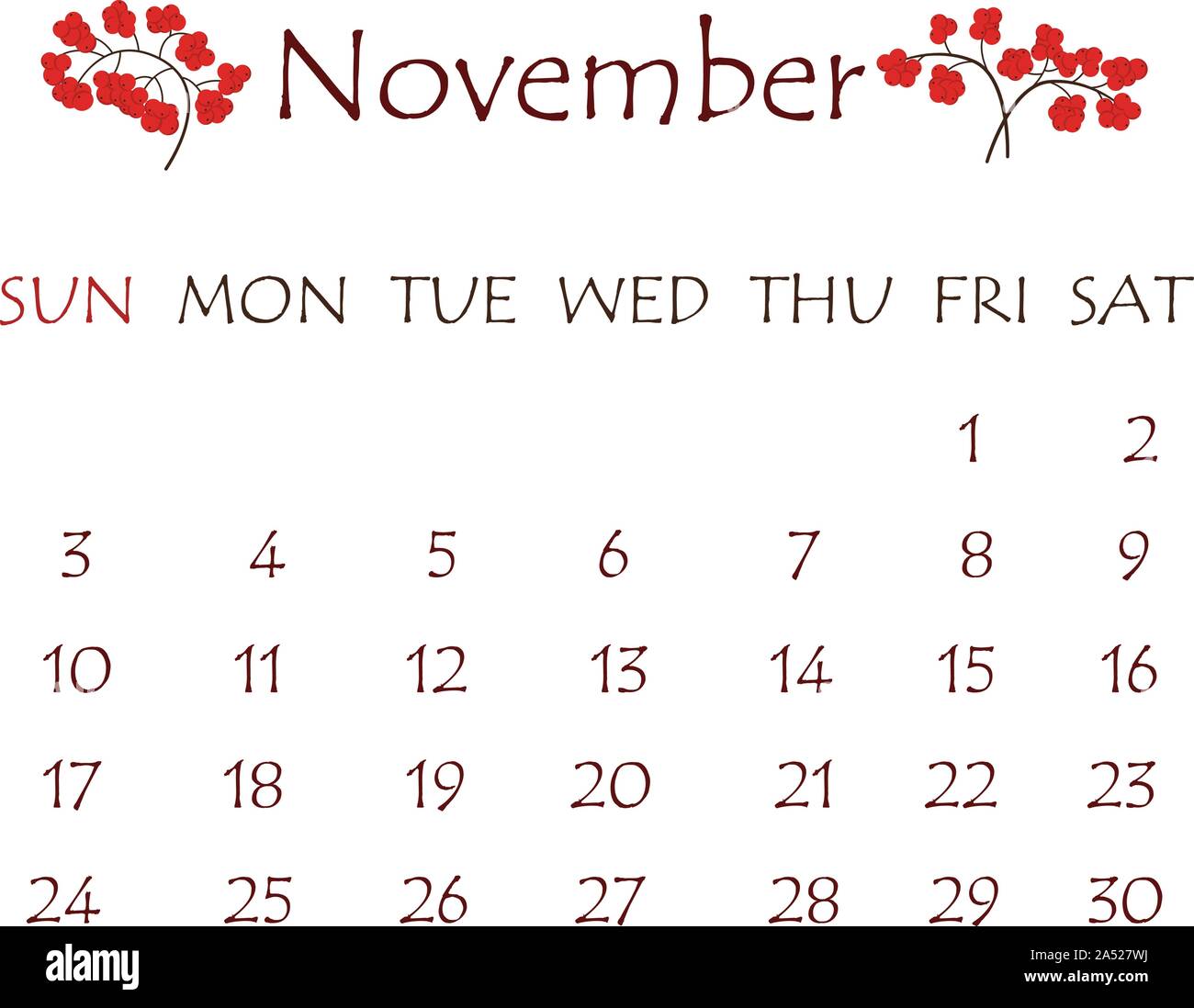 Calendar for November 2019. White background with a decor in the form ...