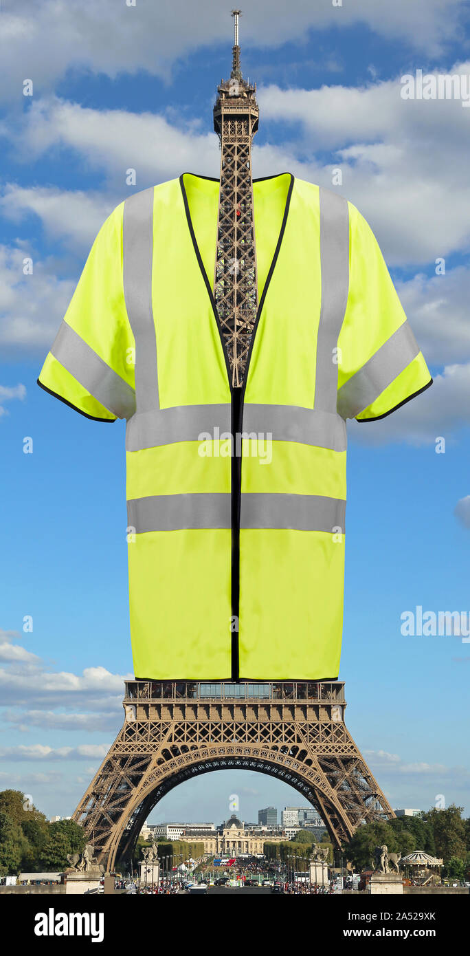 Very Big Yellow jacket symbol of Yellow vests movement on Eiffel Tower ...