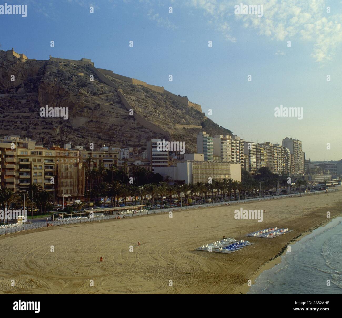 PLAYA CON EL CASTILLO AL FONDO. Location: EXTERIOR. SPAIN Stock Photo ...