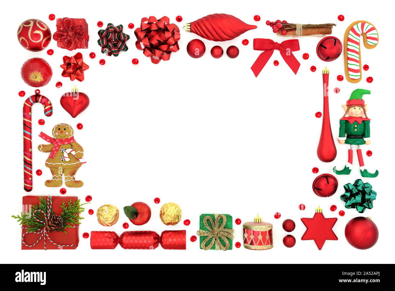 Christmas festive background border with tree decorations, symbols and ...