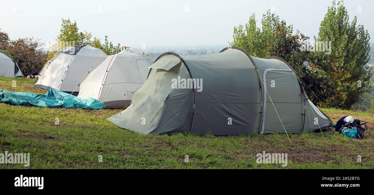 camping with many tents on the hill without people Stock Photo - Alamy
