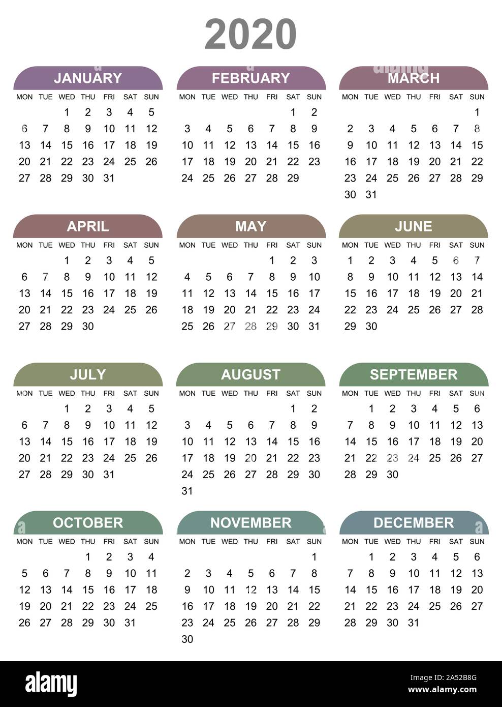 Simple editable vector calendar for year 2020 mondays first Stock ...