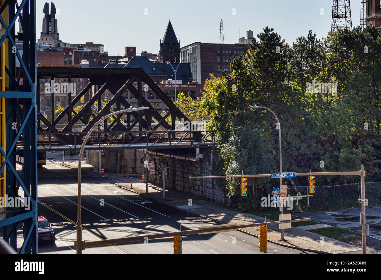 Street and railroad bridge in downtown Rochester, New York Stock Photo ...