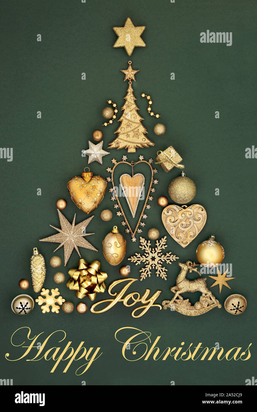 Christmas tree joy sign with gold bauble decorations, symbols and ...