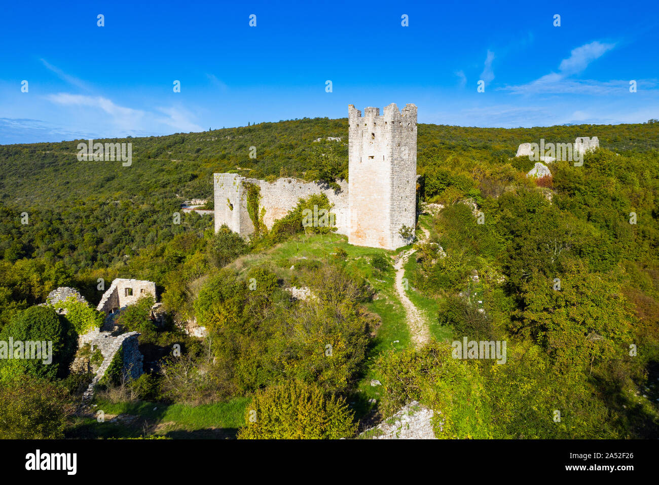 Croatia, Istria, an abandoned medieval fortress Dvigrad aerial view ...
