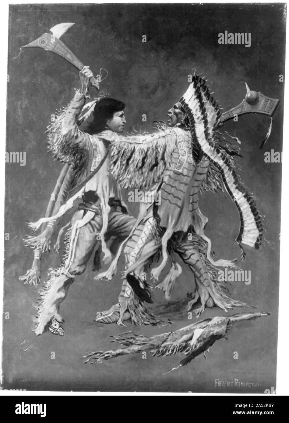 Two Indians engaged in fight with each other, with raised hatchets ...