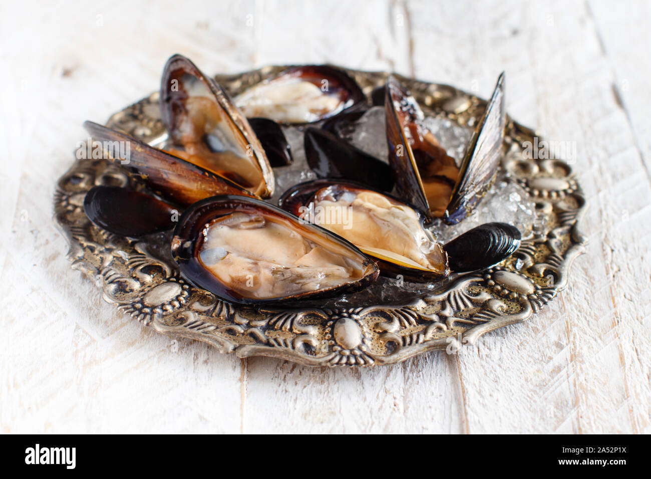 Fresh uncooked italian mussels on a tray close up Stock Photo - Alamy