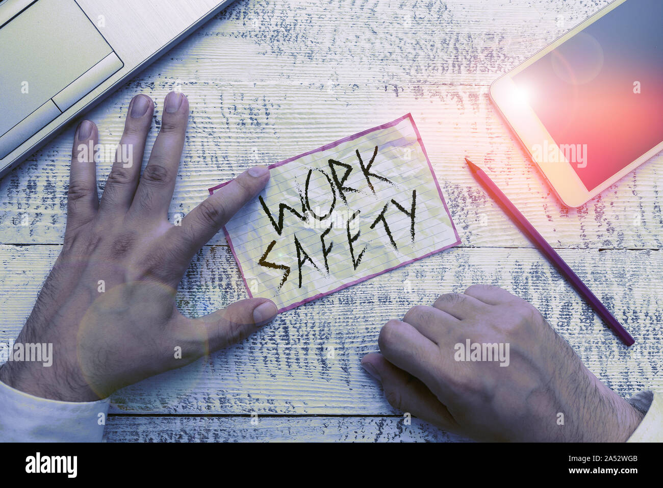 Writing note showing Work Safety. Business concept for Policies and ...