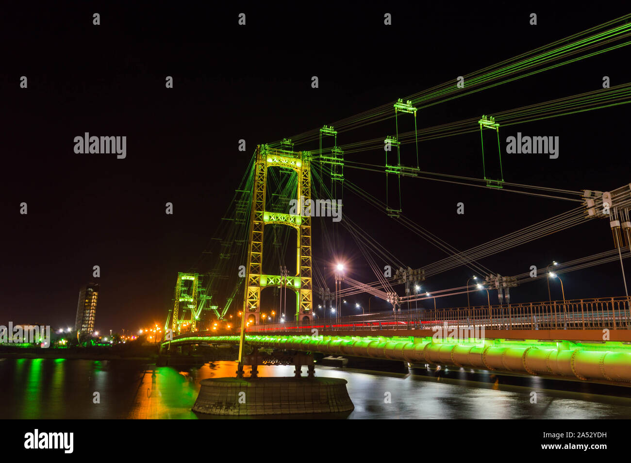 Illuminated suspension bridge of the city of Santa Fe, Argentina Stock ...