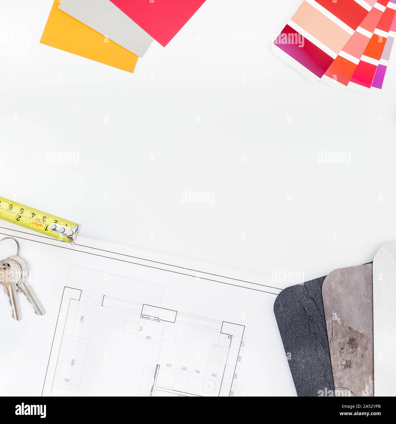 Creative flat lay overhead top view blueprint flat project plan and ...