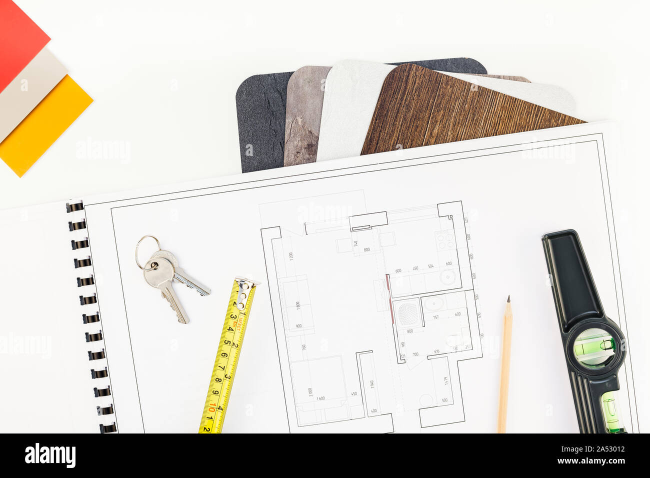 Creative flat lay overhead top view blueprint flat project plan and ...