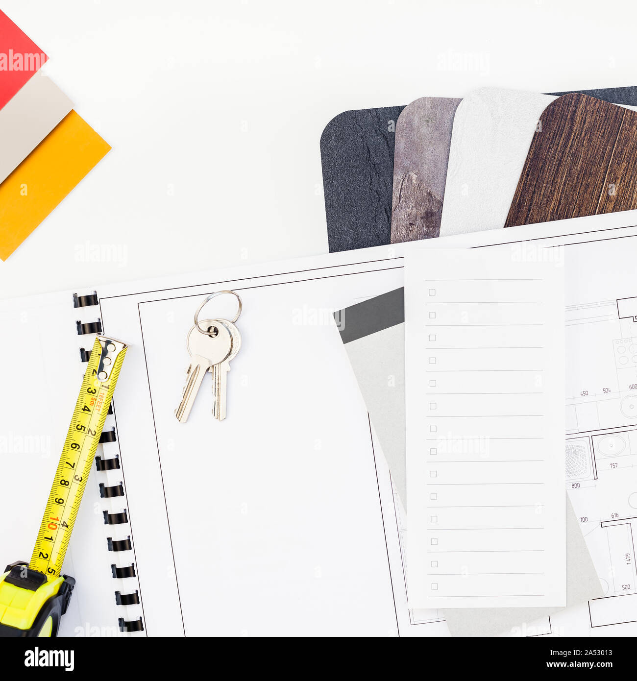 Creative flat lay overhead top view blueprint flat project plan and ...