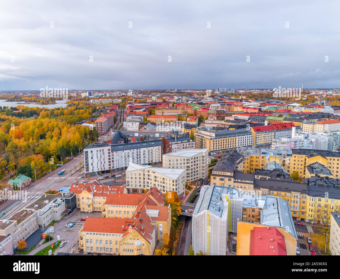 Aerial view of Helsinki. sky and clouds and colorful buildings ...