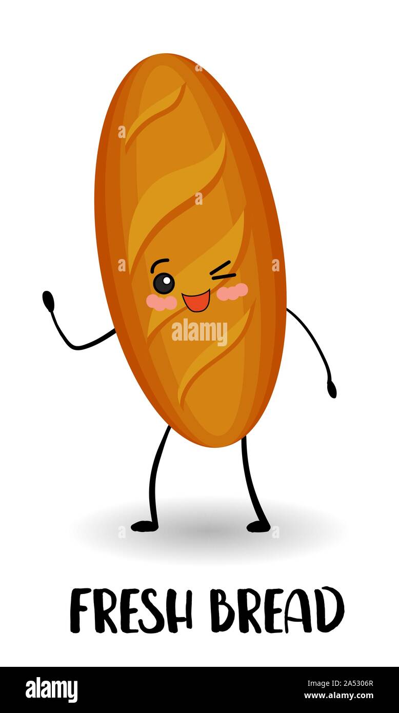 Baton. Long bread. Cartoon cute character baked goods with arms and ...