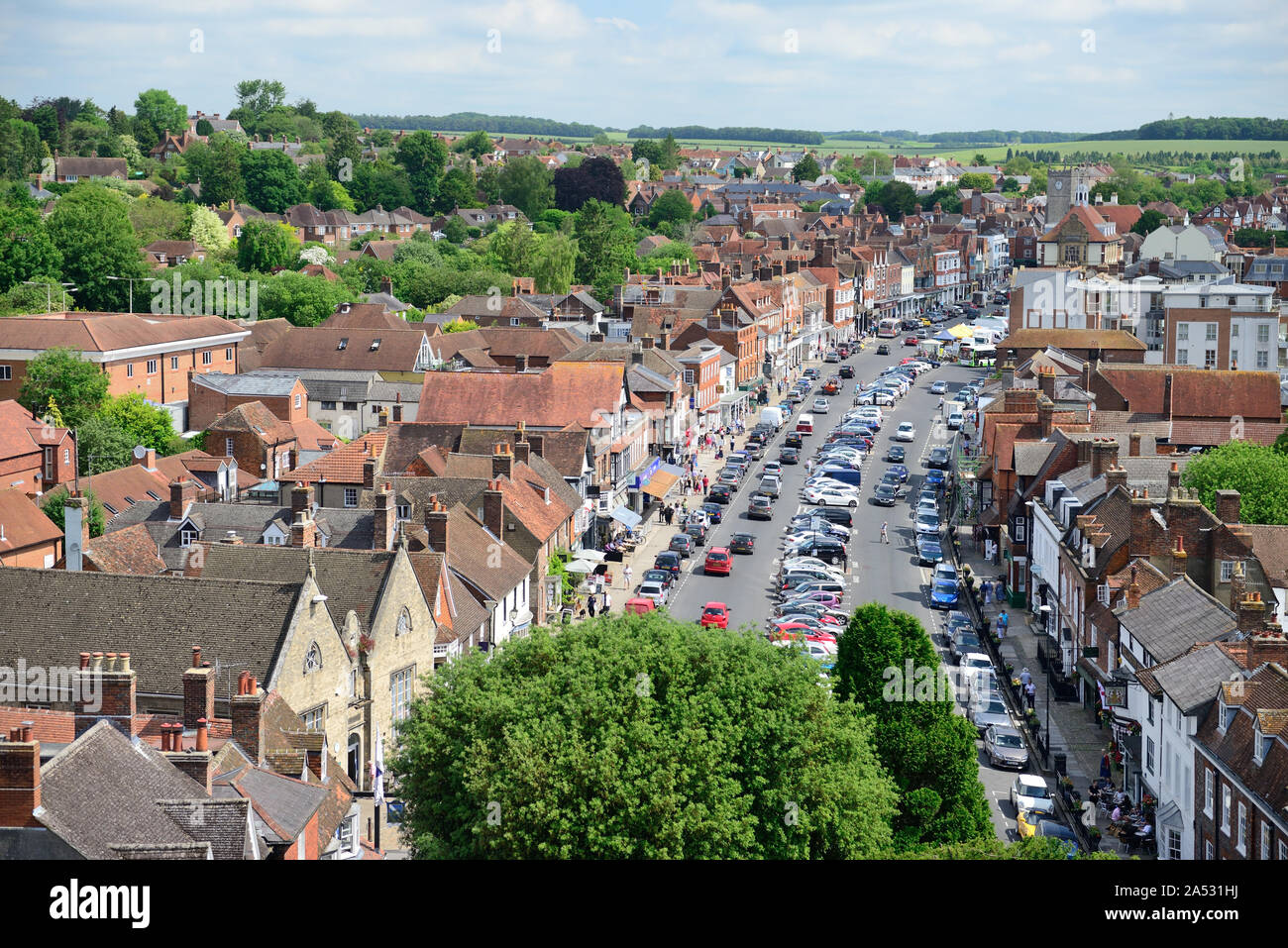 Rooftop view across the market town of Marlborough, Wiltshire, looking ...