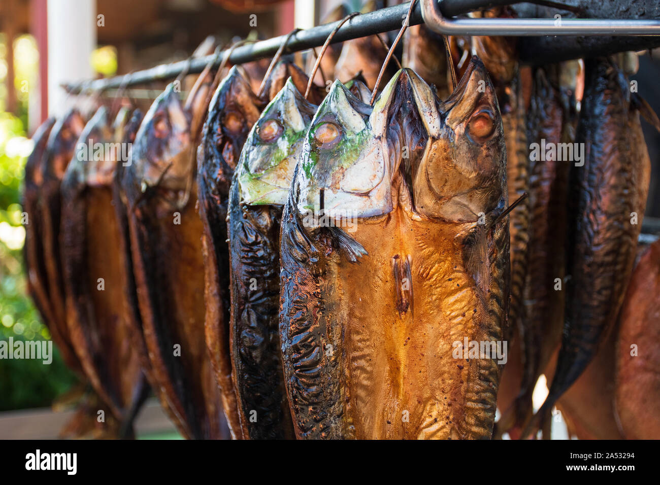 Dry cold smoked mackerel fresh fish, close up Stock Photo - Alamy