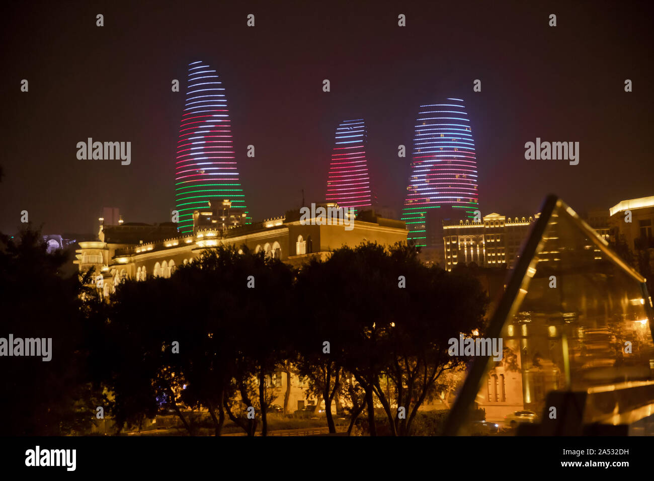 Night view of Baku with skyscrapers of the Flame Towers . It is the ...