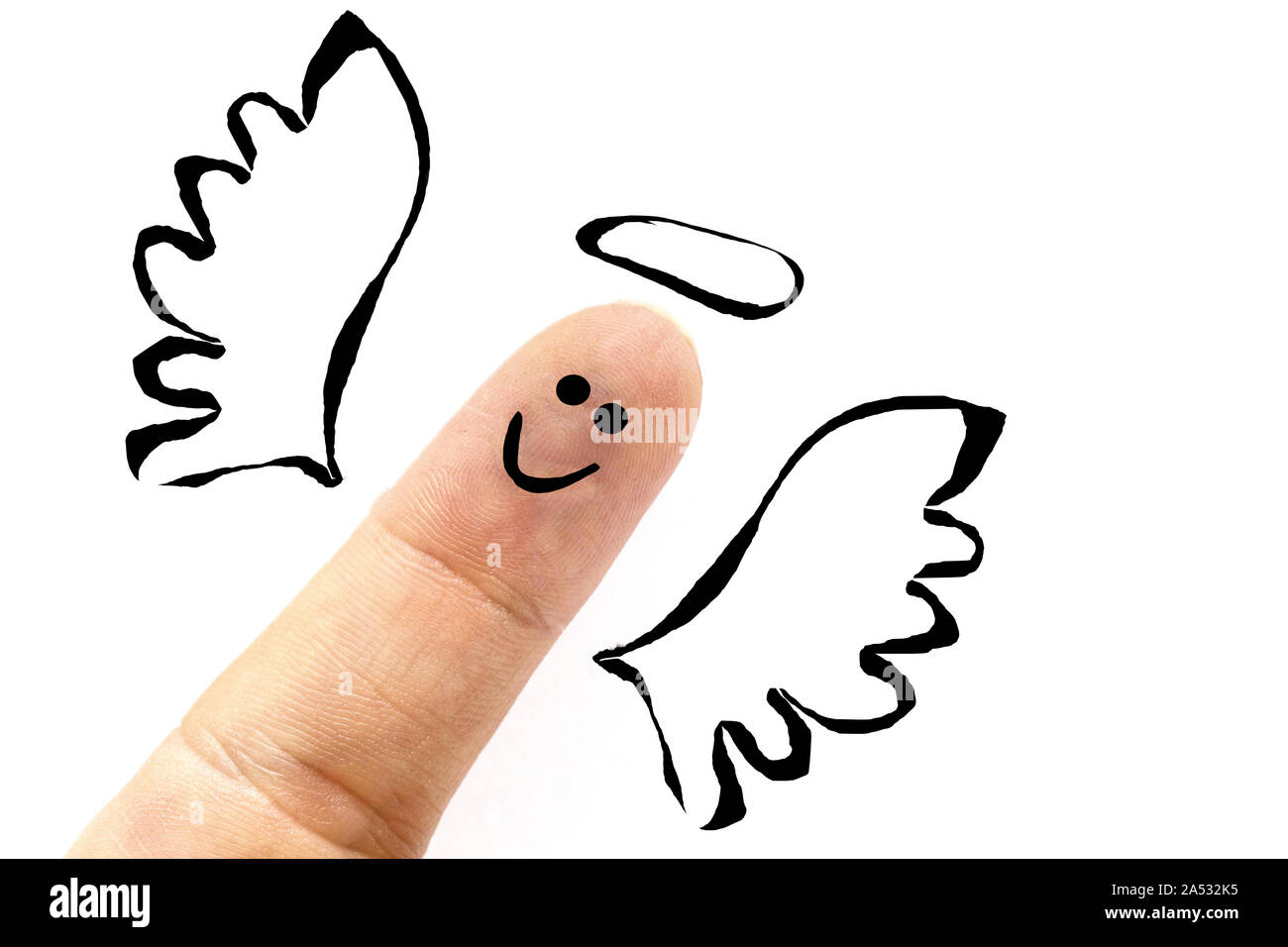 Angel in heaven painted finger smiley isolated on white, believe in god ...