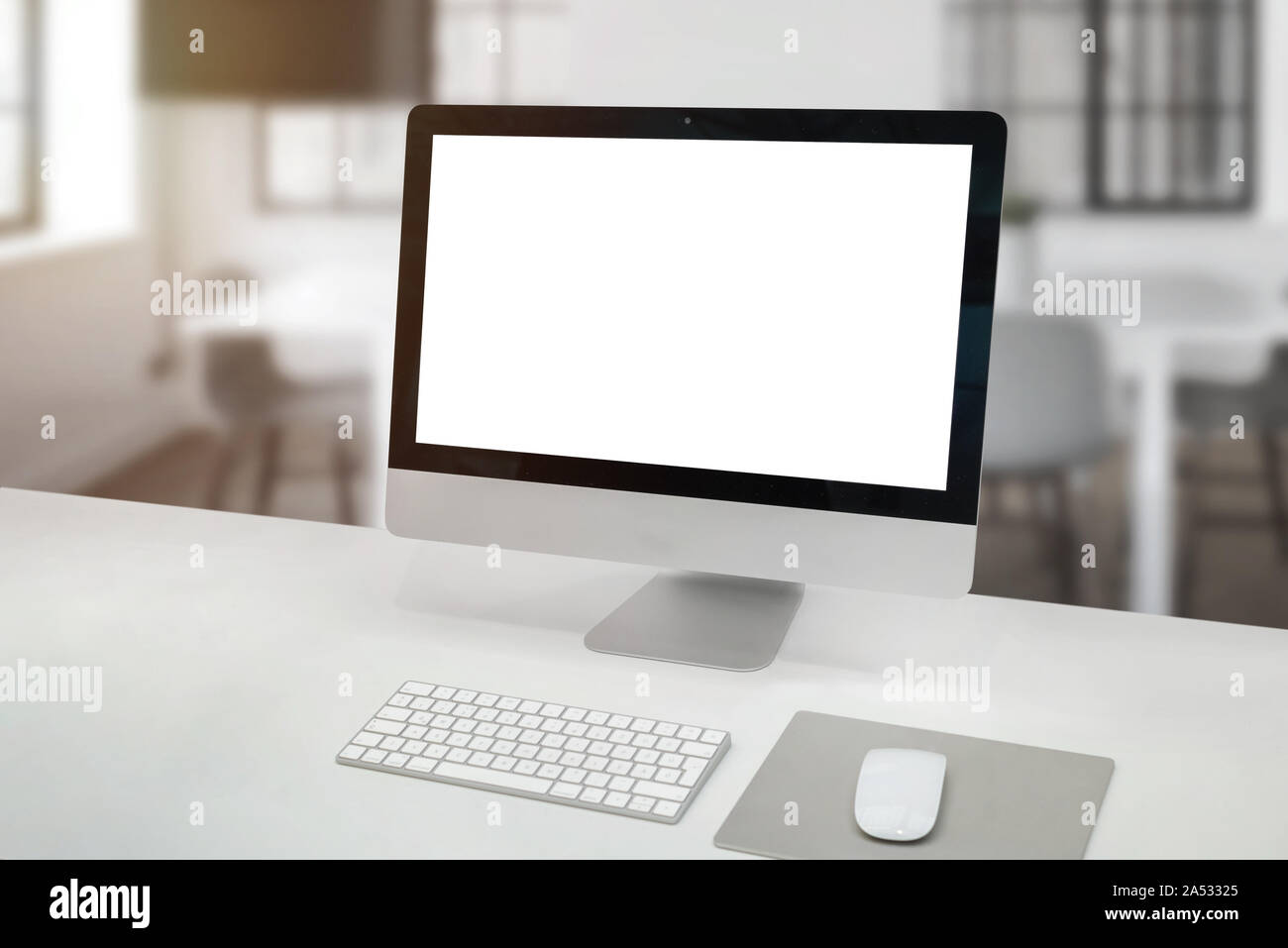 Computer display mockup on office desk. Isolated screen for app or web ...