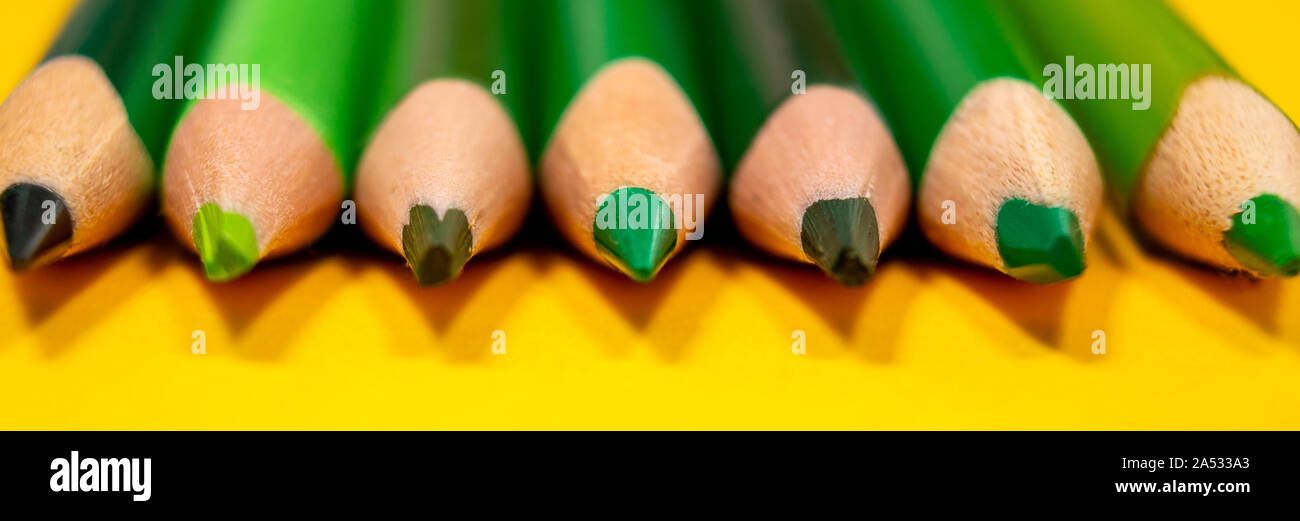 Vibrant banner with green sharpener pencils on yellow background ...