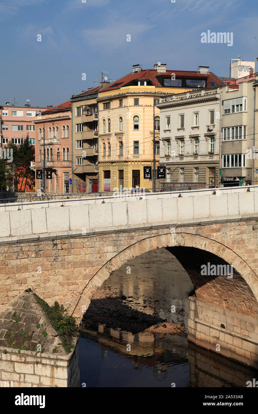 Bosnia and Herzegovina, Sarajevo, Latin Bridge, Miljacka River Stock ...