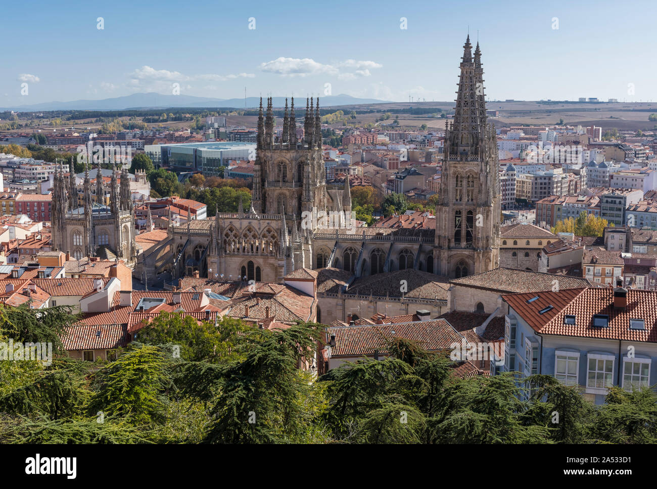 Cathedral of Burgos and the city of Burgos on background in Castile and ...