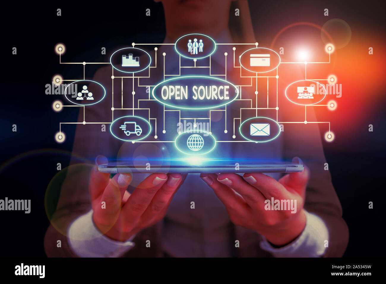Text sign showing Open Source. Business photo showcasing denoting software which original source ...