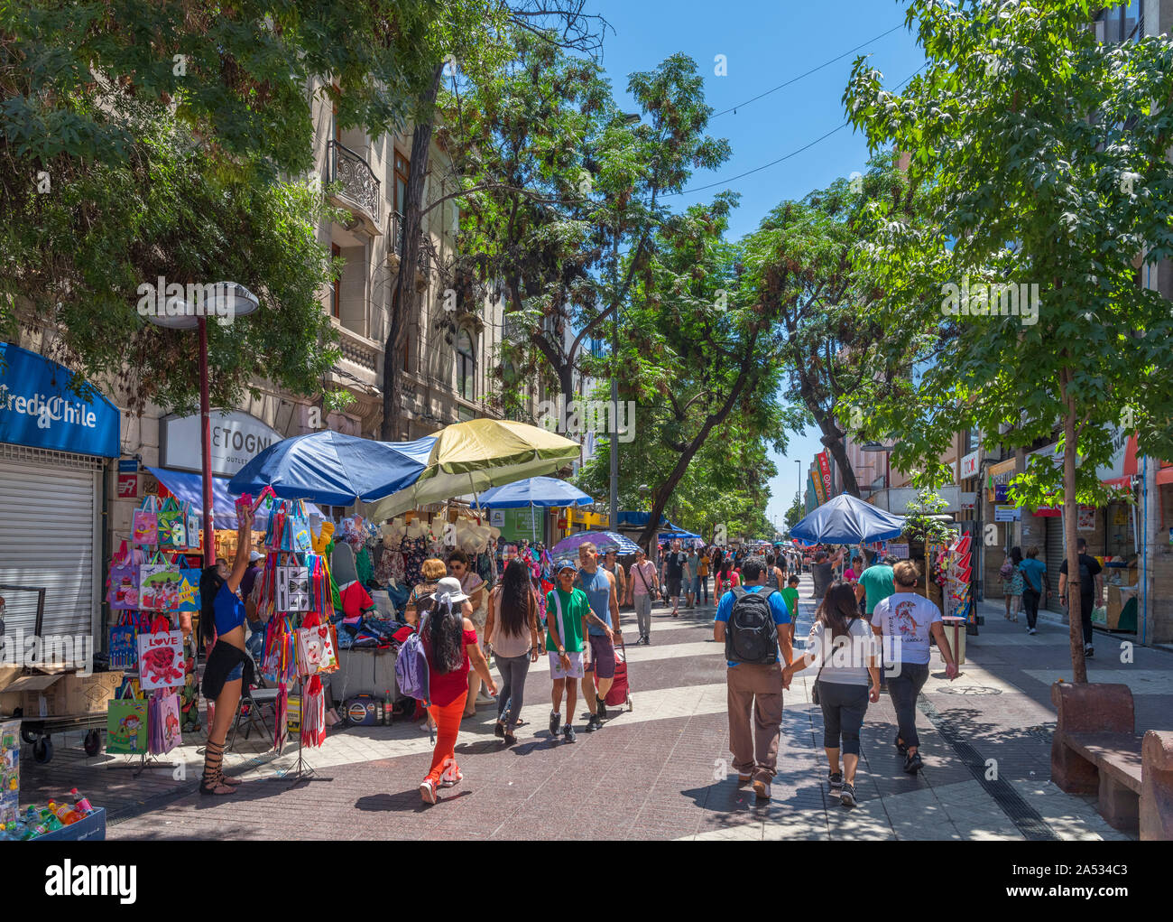 Shops on the pedestrian shopping street of Paseo Puente, Santiago ...