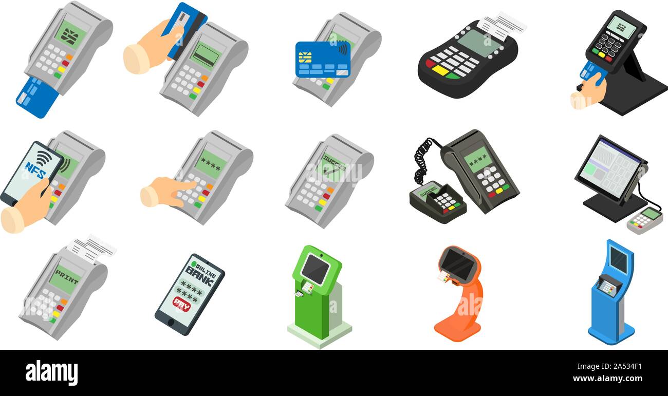 Bank terminal icons set. Isometric set of bank terminal vector icons ...