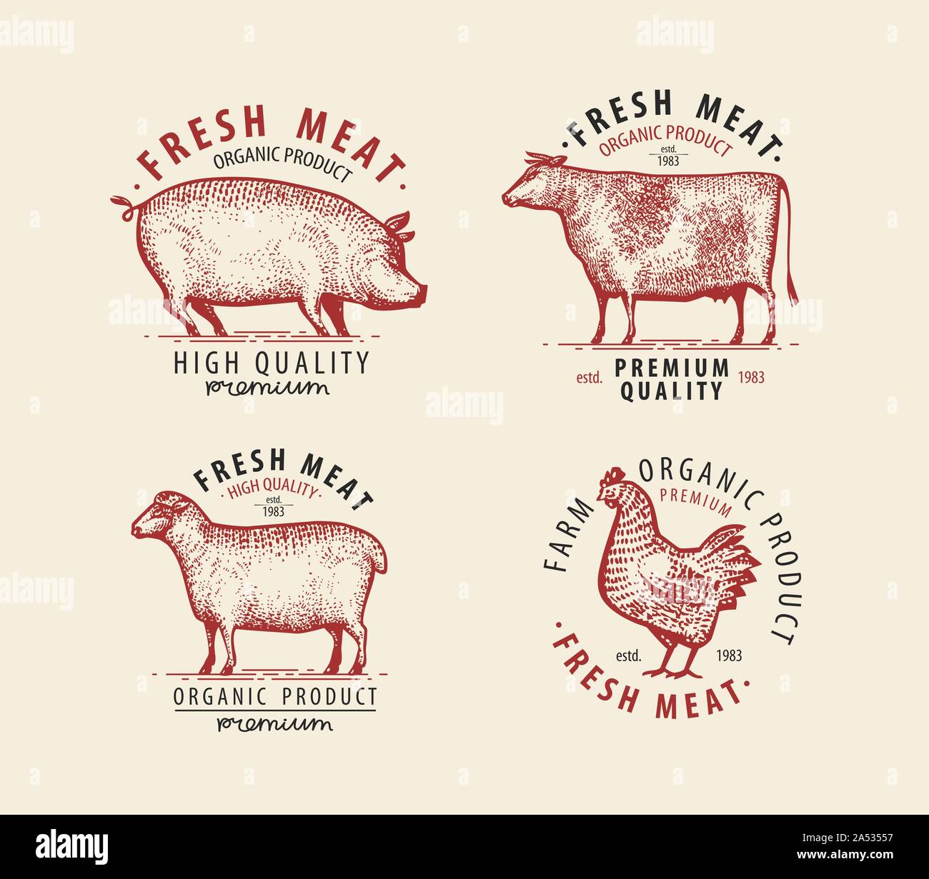 Meat set of labels. Butcher shop symbol. Vintage vector illustration ...