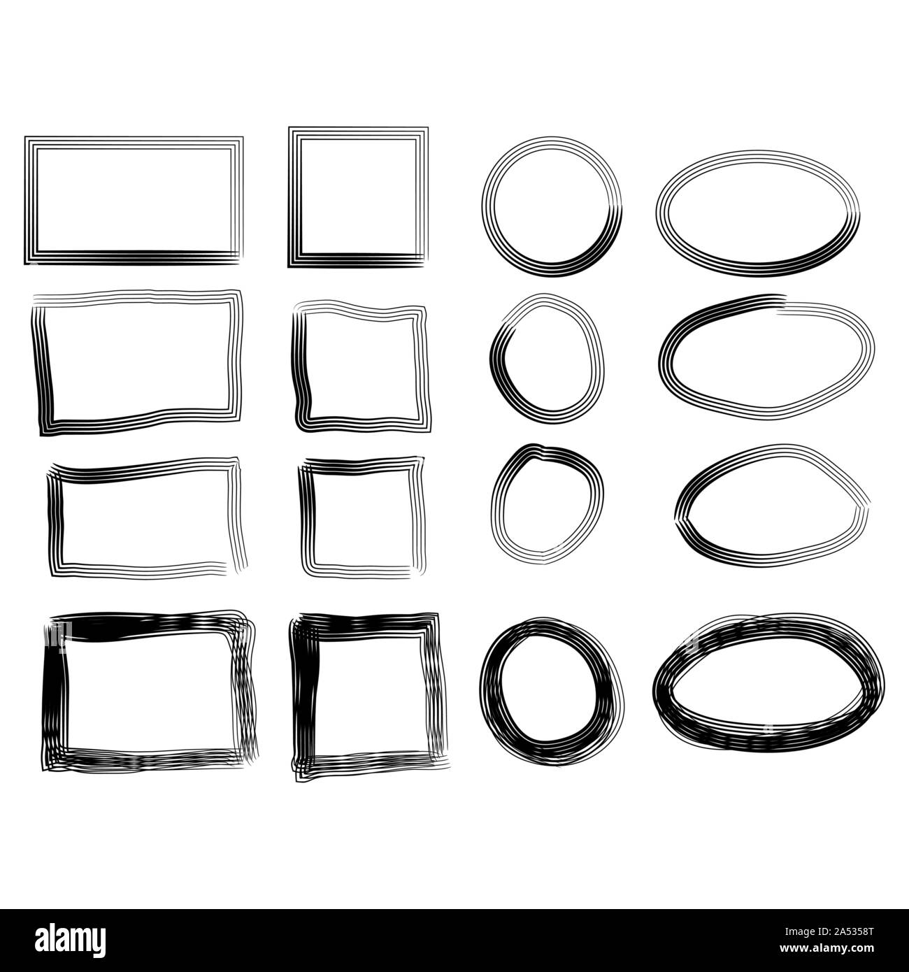 Frames in doodle style. Set of Square, rectangle, circle, oval ...