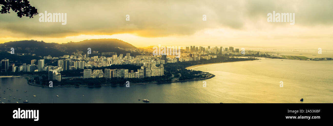 panorama of mountains and water and high rise towers in Rio de Janeiro ...
