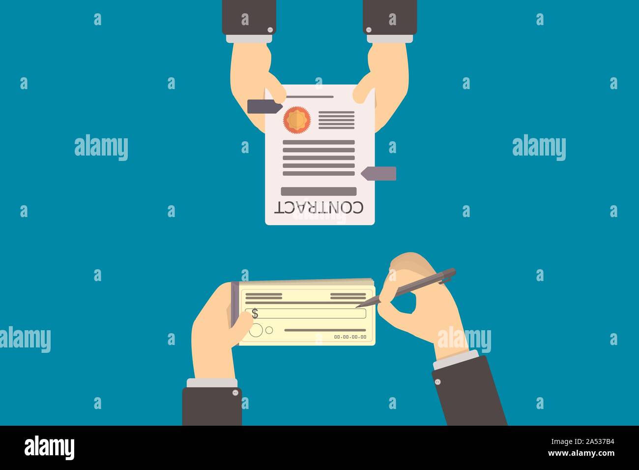 Bank check signature to close sales contract, isolated flat style ...