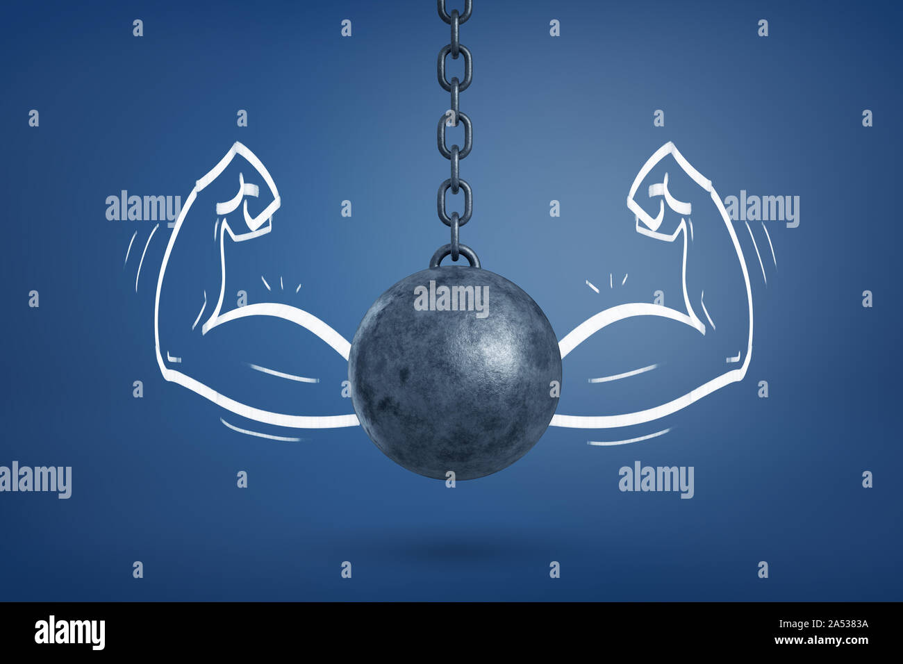 3d rendering of a demolition ball hanging still with strong arm muscles ...