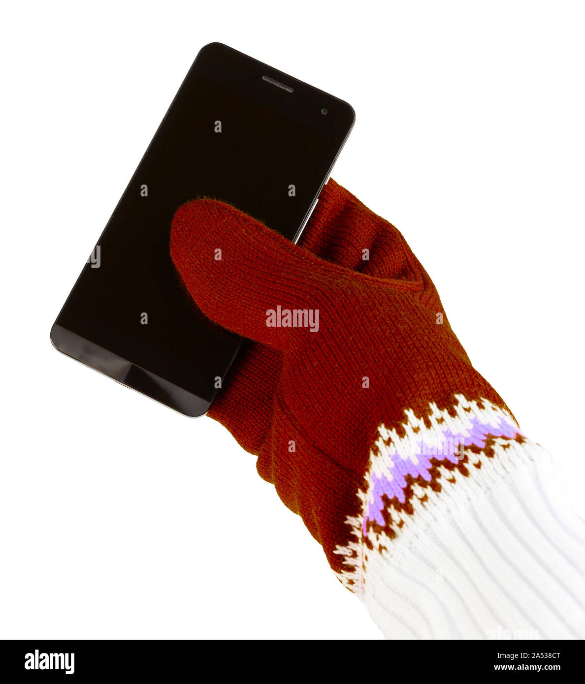 cellphone with white-red mittens isolated on white background Stock ...