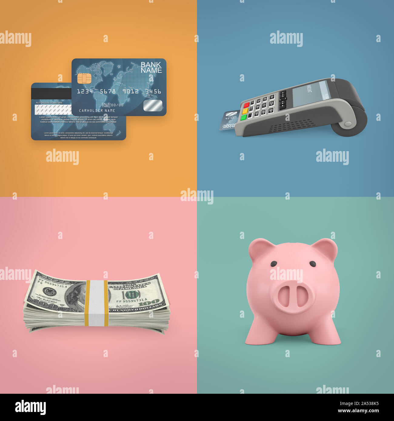 3d rendering of bank cards, pin pad, money dollars and piggy bank on ...