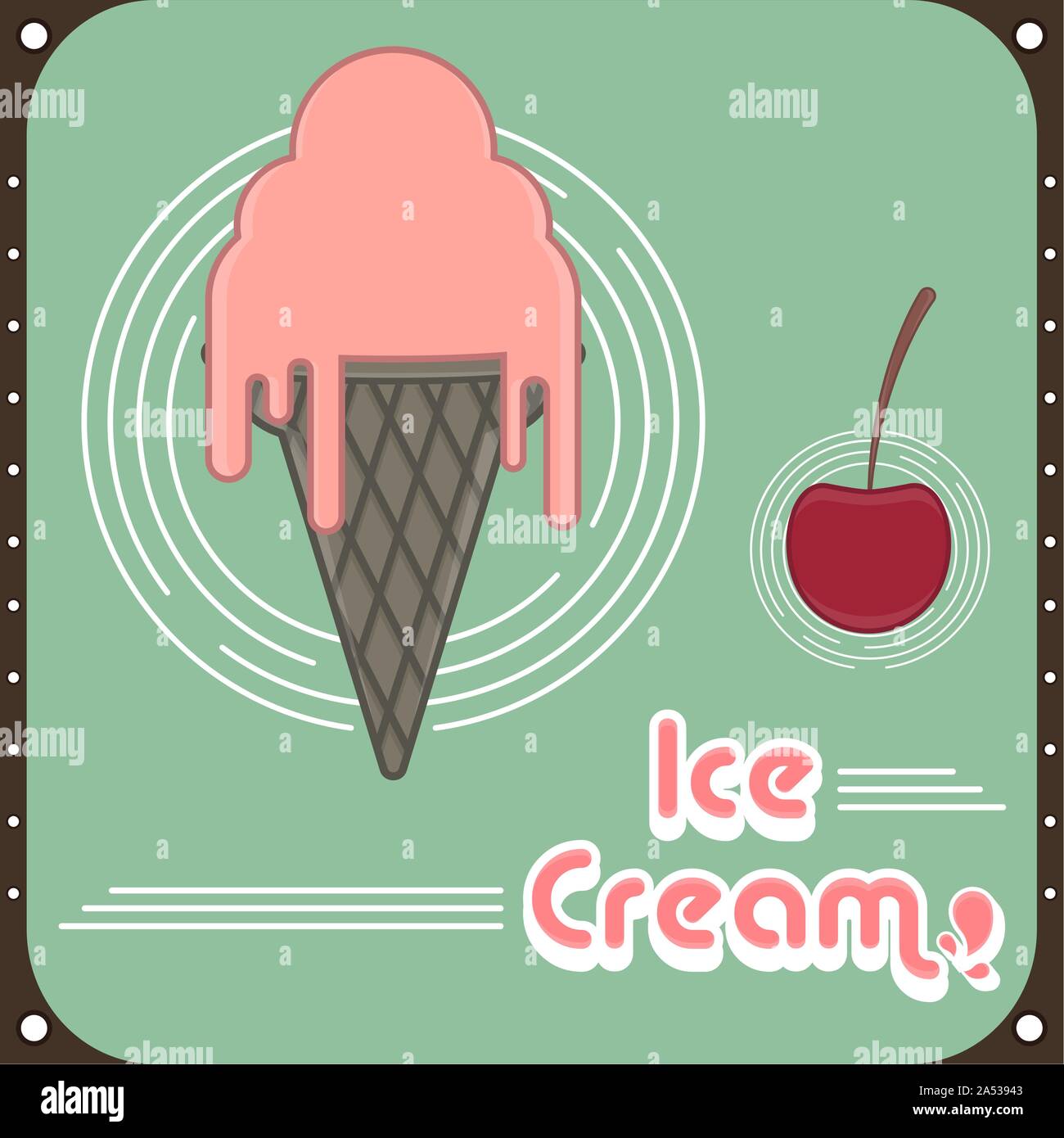 Strawberry Ice Cream Cone Vintage Poster Vector Illustration Stock