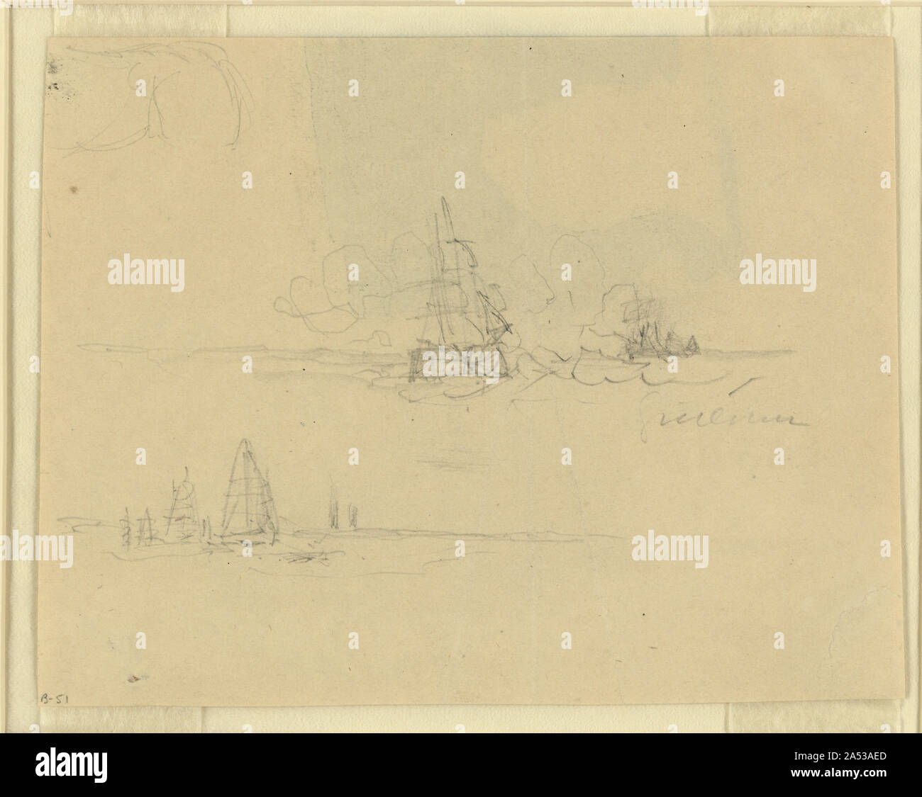 Two scenes: naval engagement and sailboats at sea Stock Photo - Alamy