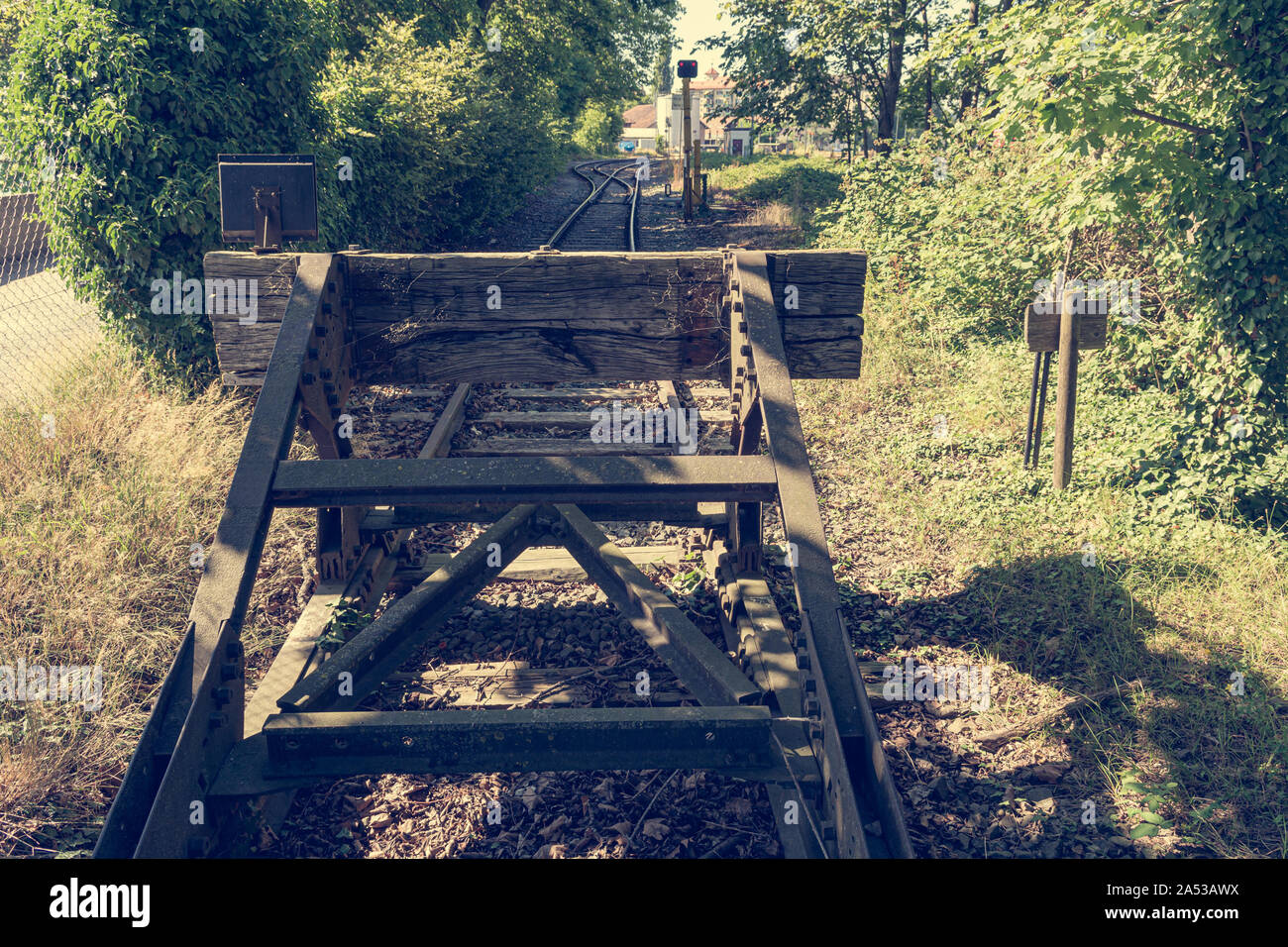 End of rail tracks - old railroad dead-end Stock Photo - Alamy