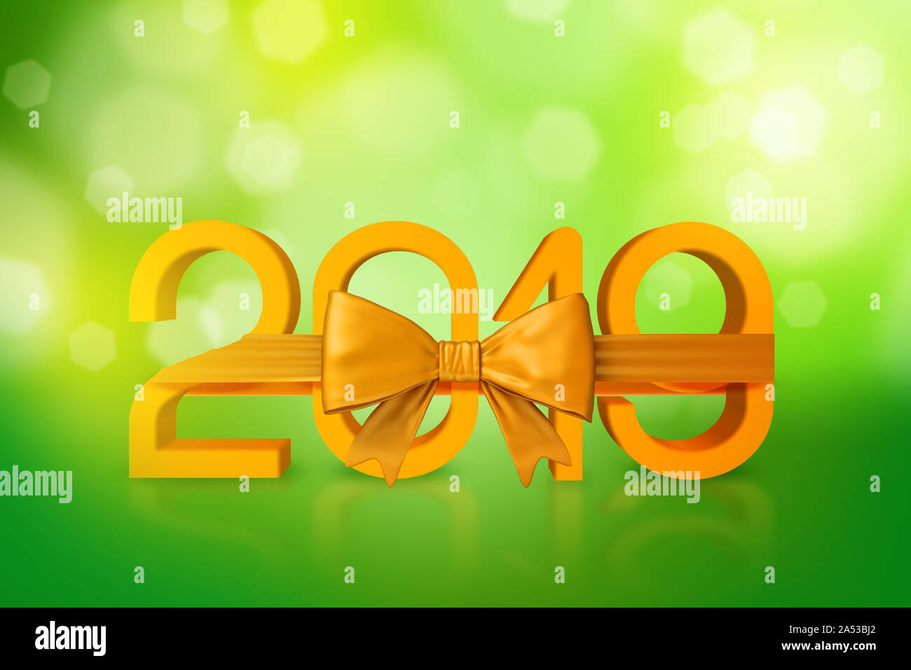 3d rendering of golden digits 2019 tied with a golden ribbon on blurred ...