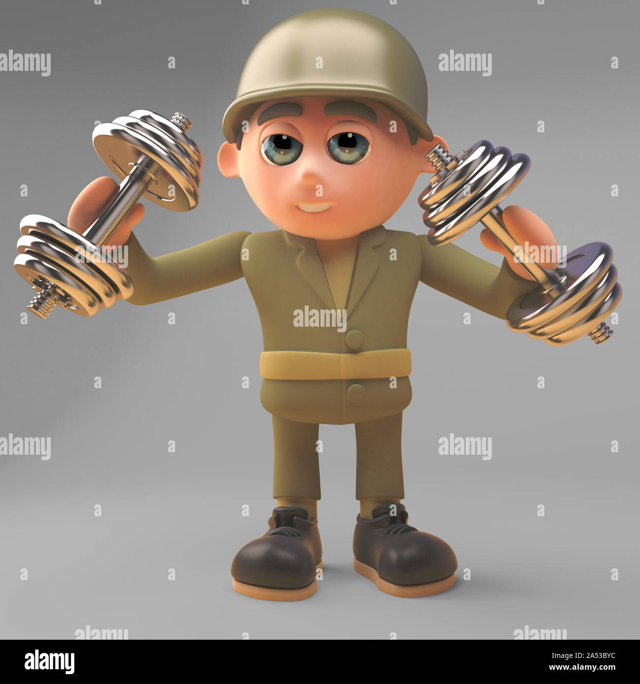 Healthy army soldier exercises with dumbell weights, 3d illustration ...