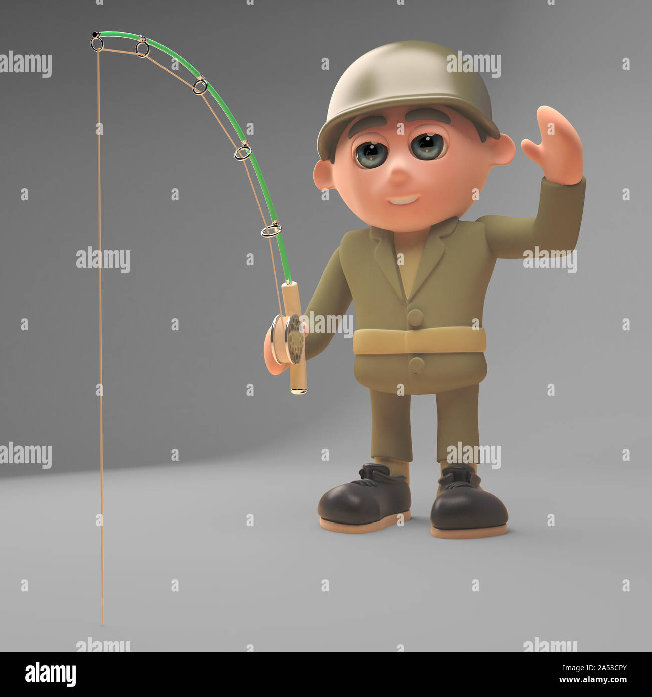 Relaxing army soldier does some fishing in spare time, 3d illustration ...