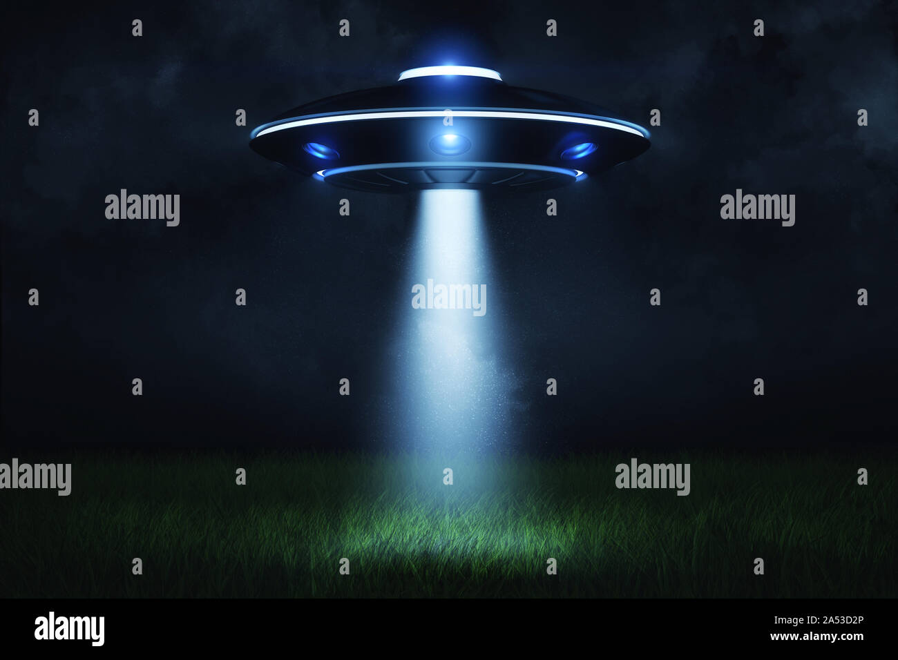 3d rendering of a UFO at night with a beam of light coming out of the ...