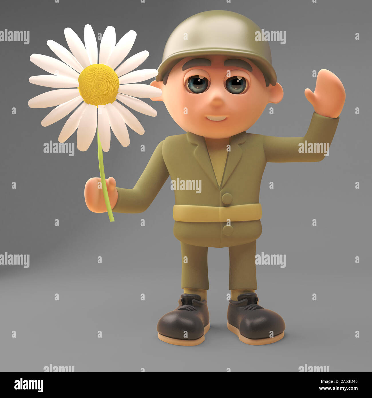 Peaceful army soldier waves while holding a flower, 3d illustration ...
