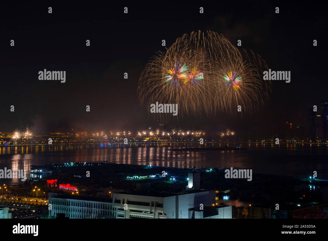 Fireworks on Qatar National day at Doha Corniche Stock Photo - Alamy