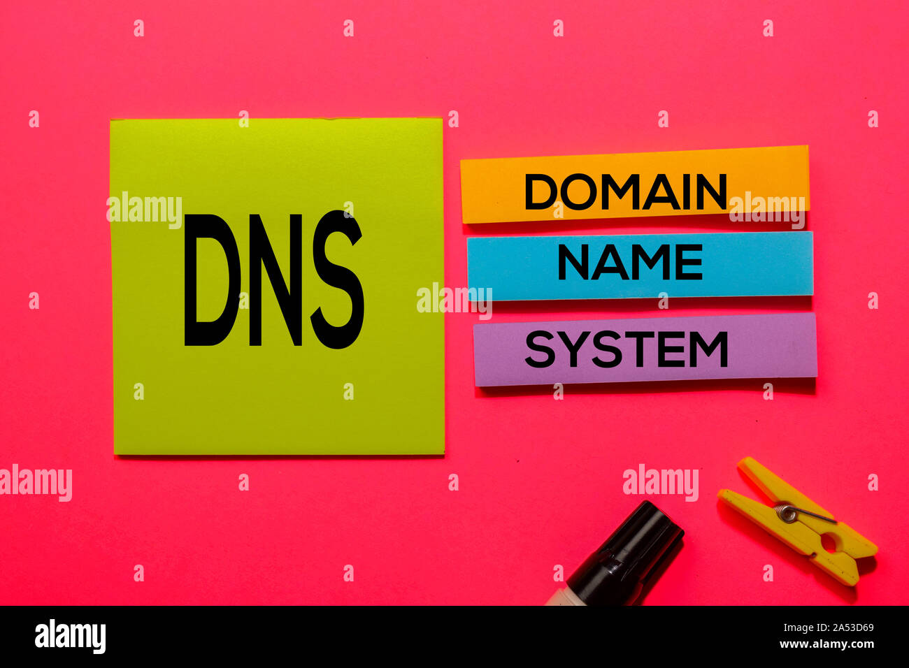 DNS - Domain Name System acronym write on sticky notes isolated on Pink ...