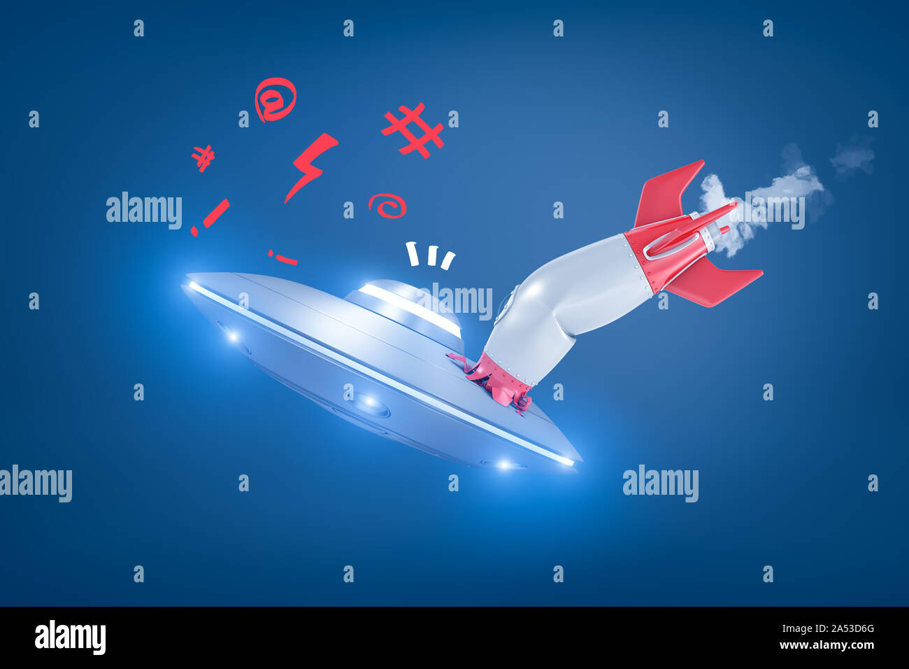 3d rendering of a space rocket colliding with a UFO, resulting in ...