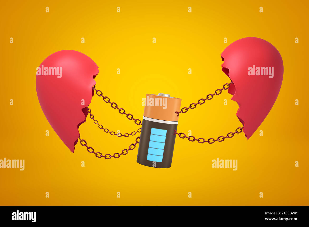 3d closeup rendering of electric battery suspended on chains between ...