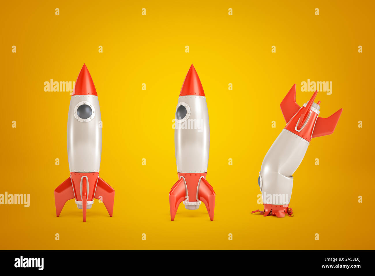 3d rendering of three rocketships in row, two standing upright, and one ...
