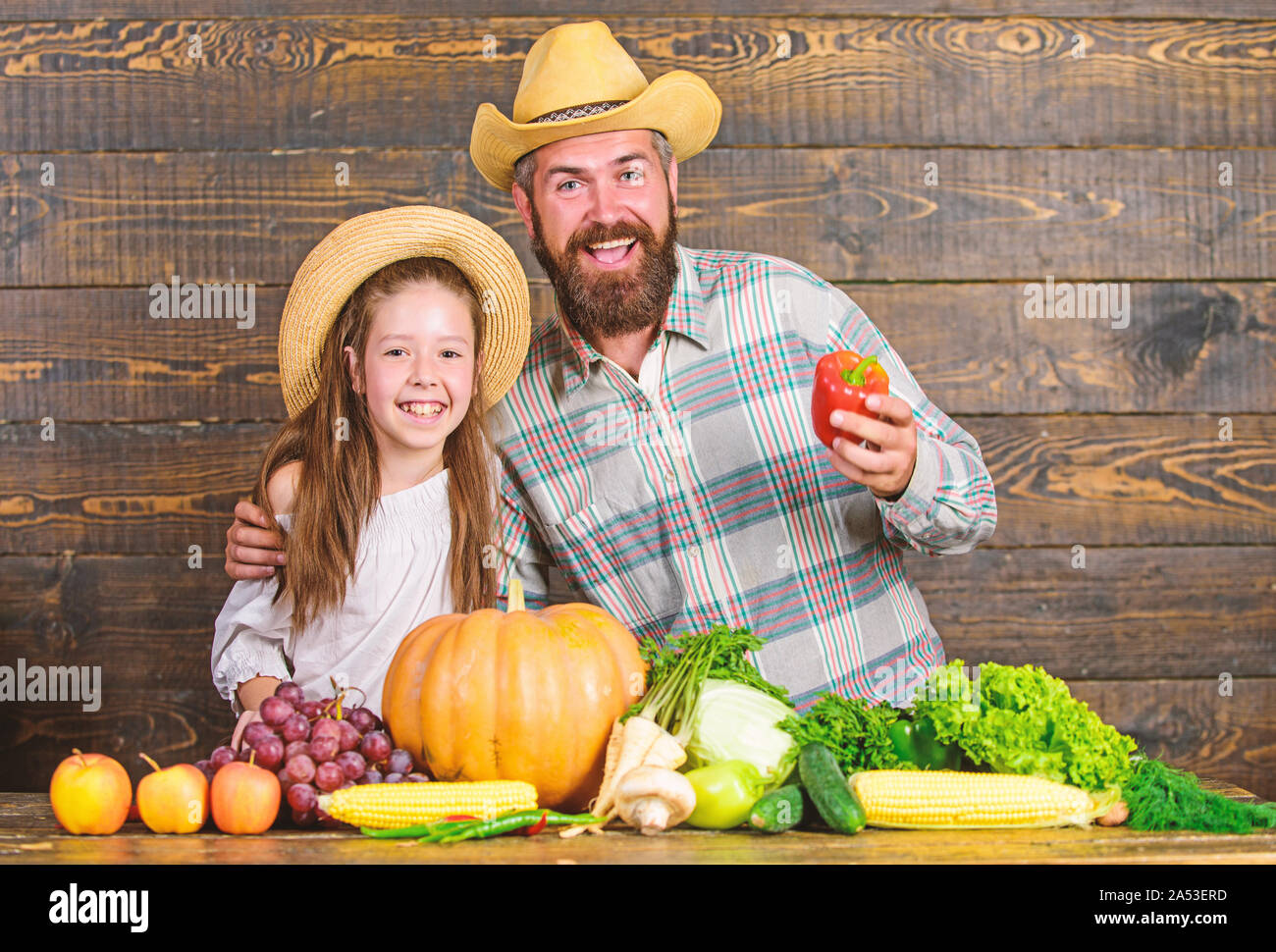 Family farm festival concept. Countryside family lifestyle. Man bearded ...